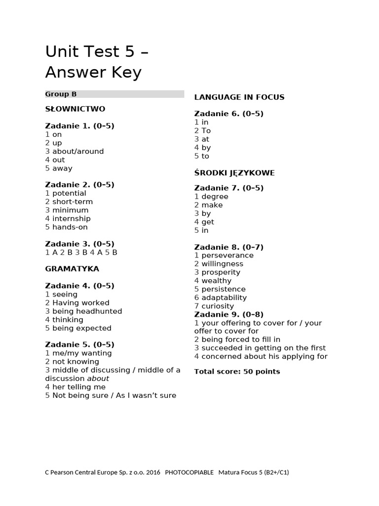Unit Test 5 - Answer Key - Group B | PDF