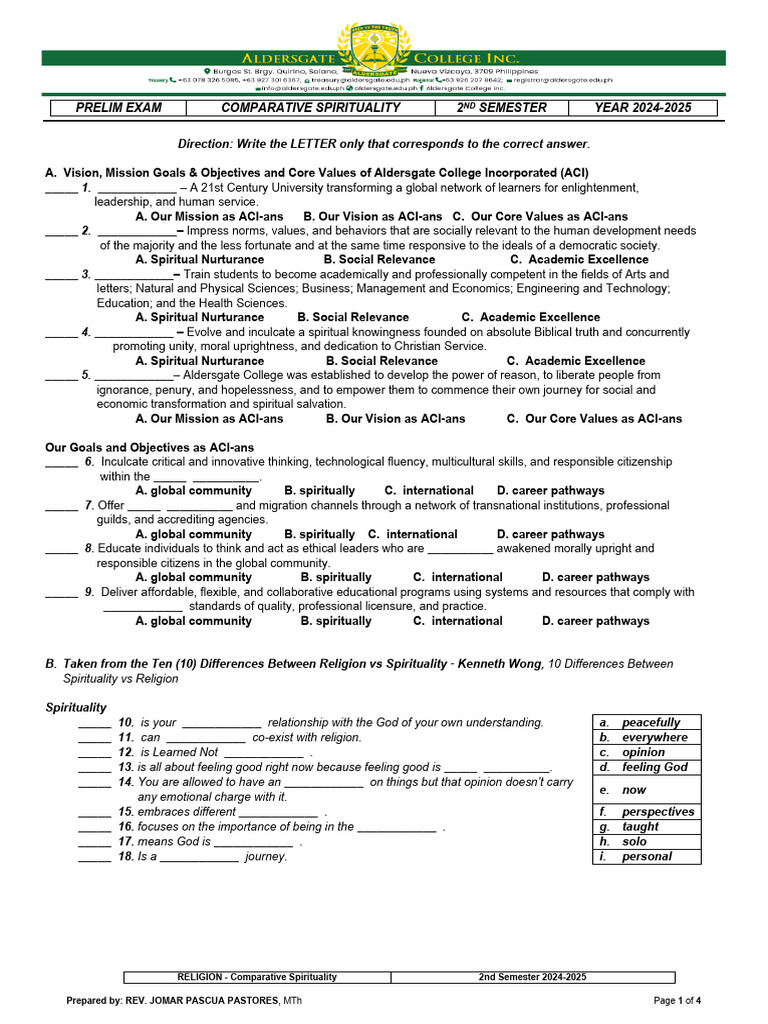 Prelim Exam Comparative Religion 2nd Sem 2024 2025 RevJPP | PDF | John ...