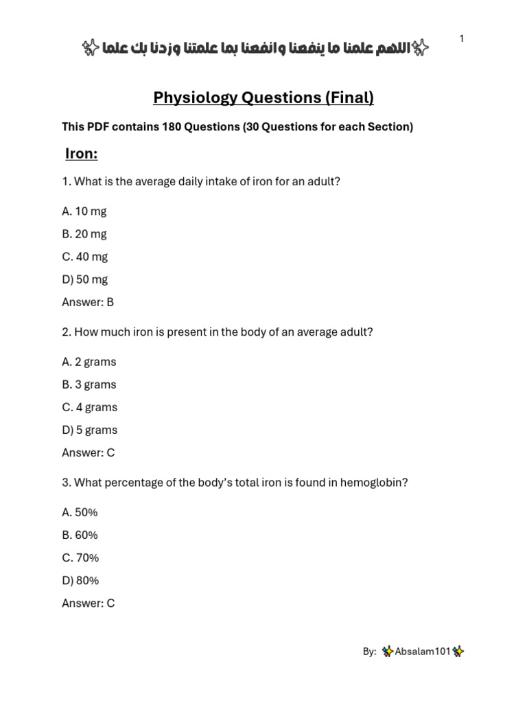 Physiology MCQ (Final) by Absalam101 | PDF | Coagulation | Anemia