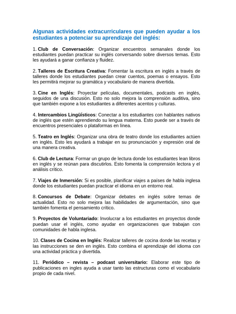 Actividades Extracurriculares para Potenciar El Aprendizaje Del Inglés ...