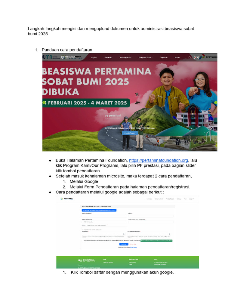 Langkah-Langkah Mengisi Dan Mengupload Dokumen Untuk Administrasi Beasiswa Sobat Bumi 2025 | PDF
