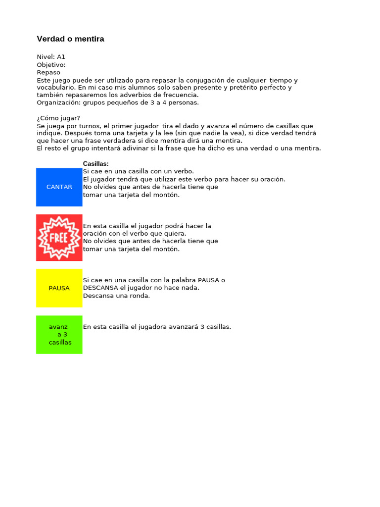 Juego de Verdad o Mentira para Repaso A1 | PDF