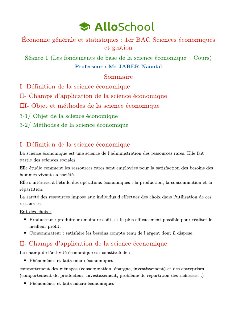 Seance 1 Les Fondements de Base de La Science Economique Cours | PDF