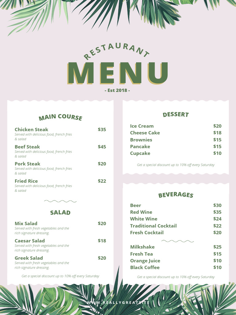 Beige Restaurant Menu Overview | PDF | Salad | Steak