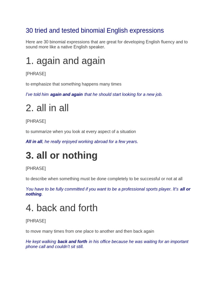 Binomial Expressions for English Fluency | PDF