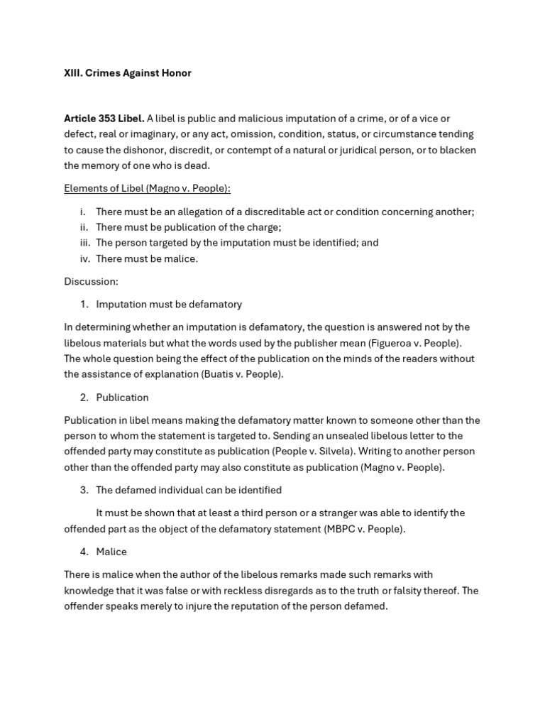 Criminal Law II Summary or Elements and Other Notes Unfinished Version ...