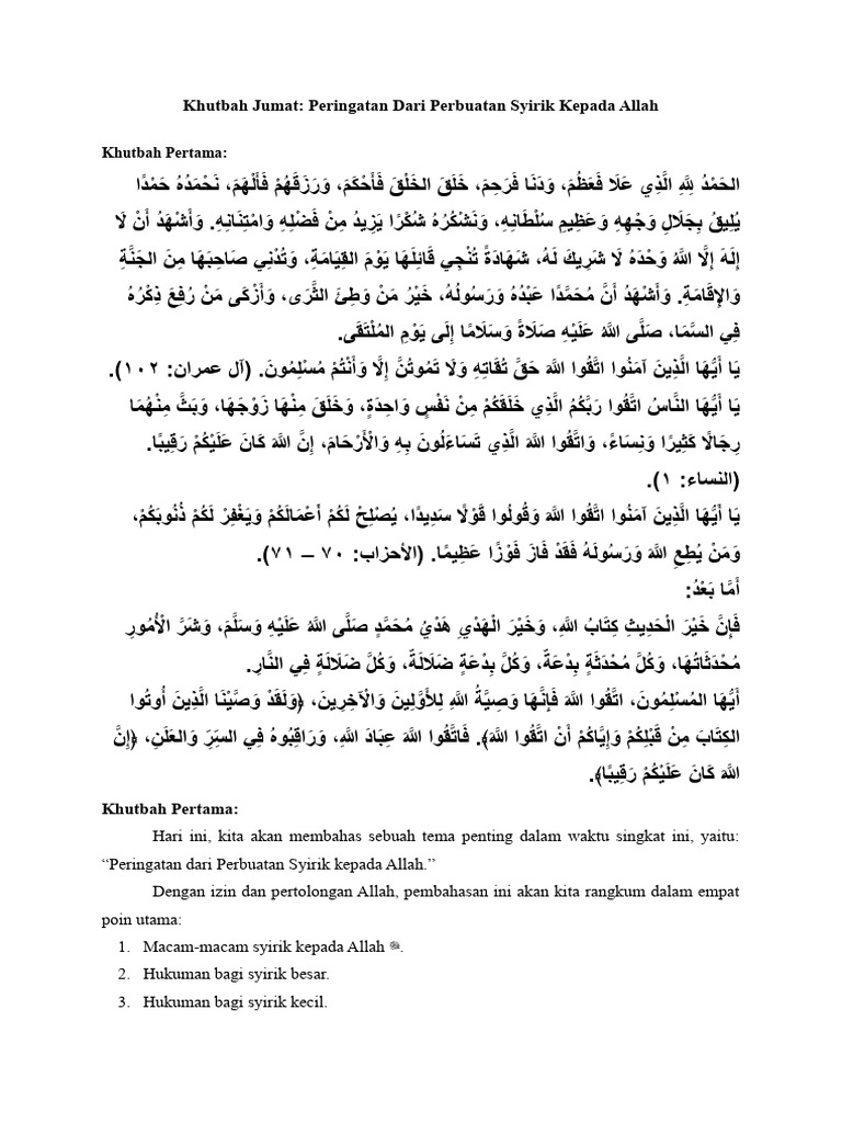 Khutbah Jumat Peringatan Dari Perbuatan Syirik Kepada Allah 1 | PDF
