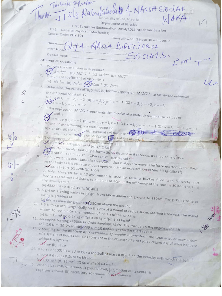 PHY 101PQA. (Tarhule Sylvester) JT Sly Rabadabdab NASSA Social Waka | PDF