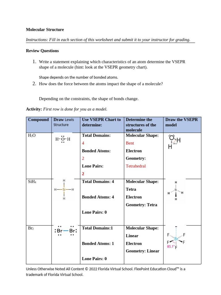 Molecular Structure Worksheet Pdf Molecules Chemical Substances