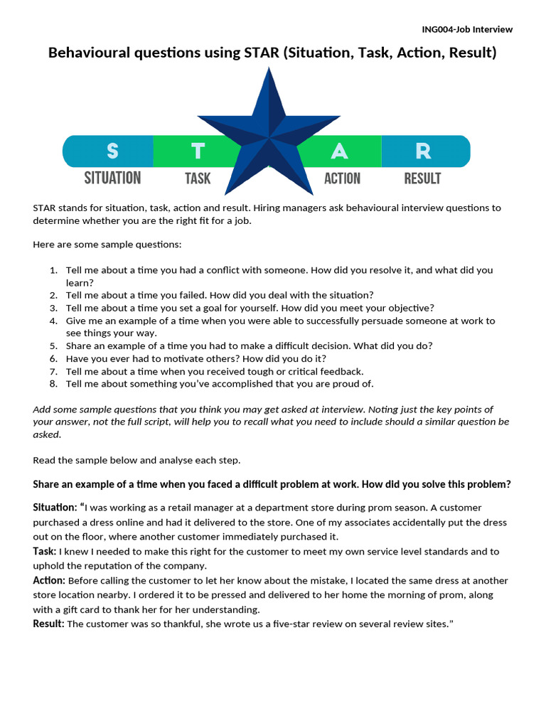 ING004-Interview Behavioural questions using STAR | PDF | Job Interview ...