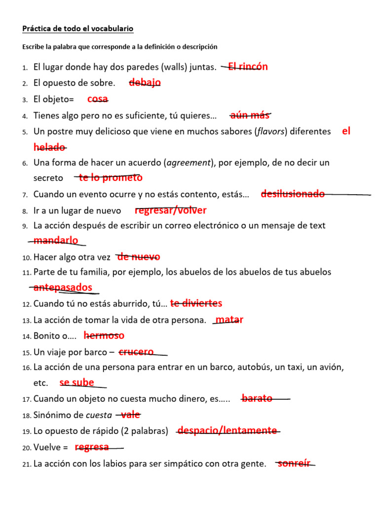 TAREA #7 - Práctica de Todo El Vocabulario - CLAVE | PDF