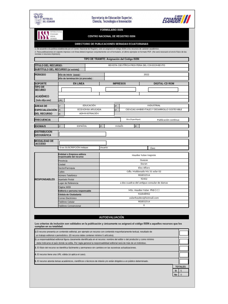 SENESCYT 013 01 01 - Formulario ISSN 01 | PDF