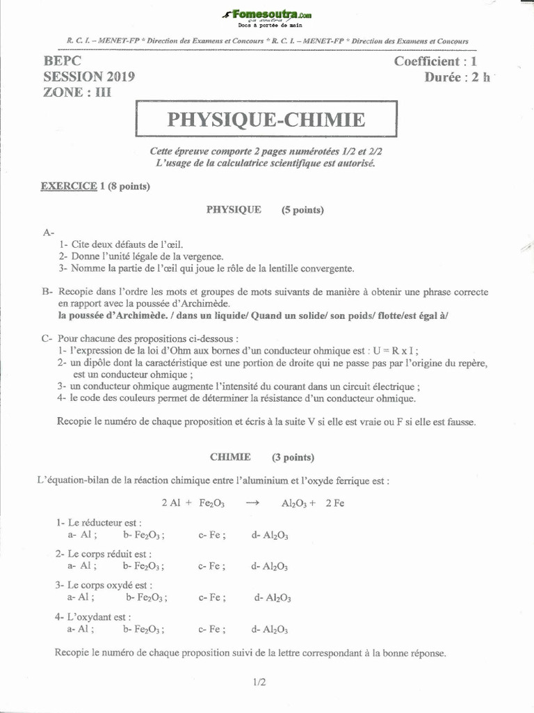 RCI BEPC 2019 Zone3 Physique Chimie | PDF