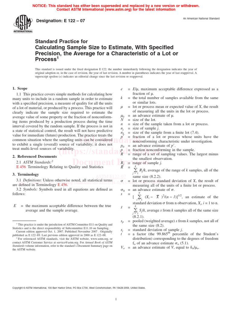 ASTM-E122-07 | PDF | Sample Size Determination | Sampling (Statistics)