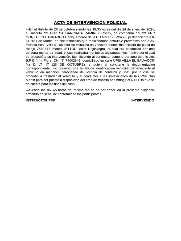 ACTA DE INTERVENCIÓN POLICIAl Moto Nenor | PDF