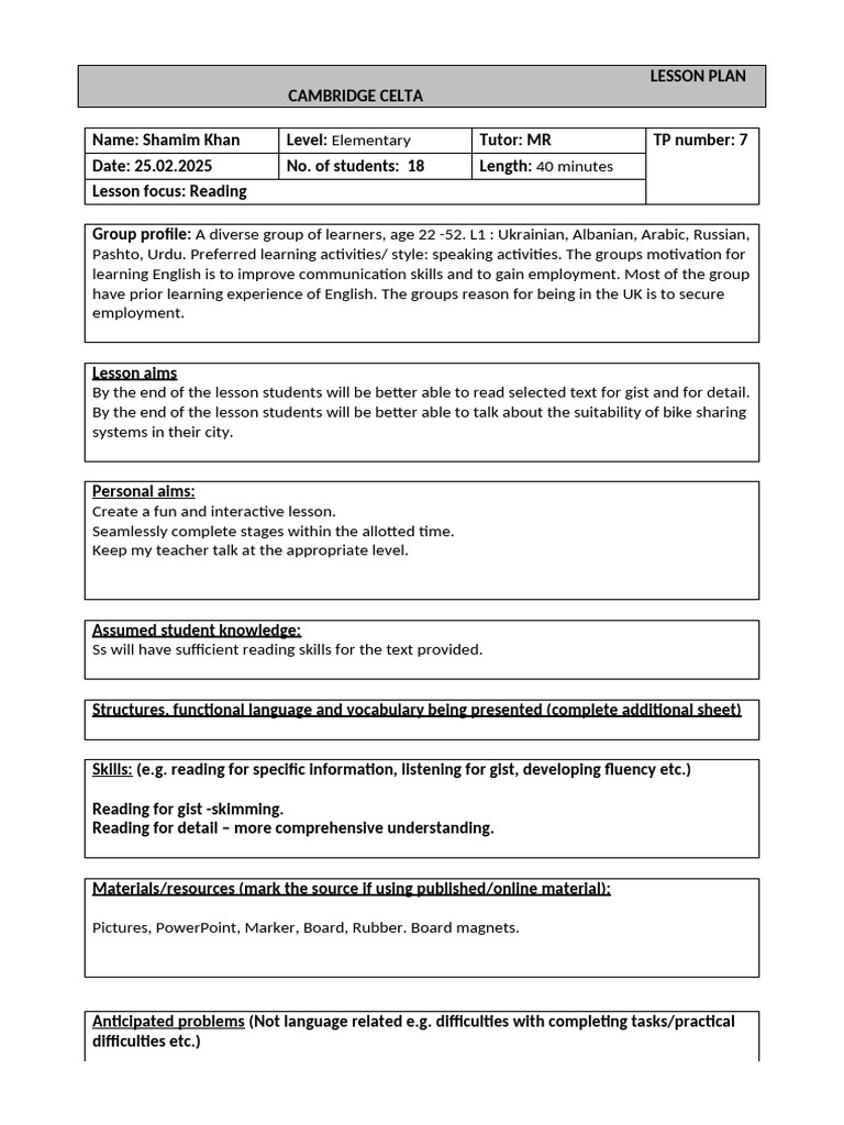 Shamim - TP7 - Lesson Plan Front Page - Final | PDF