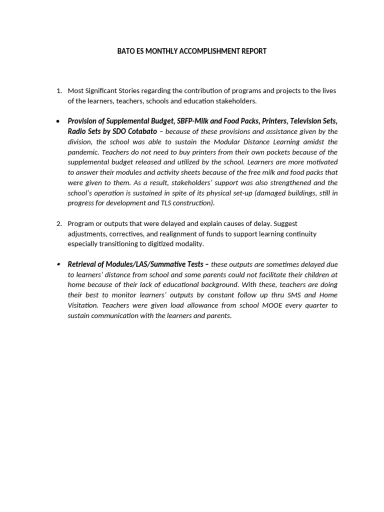 Bato Es - Monthly Accomplishment Report | PDF