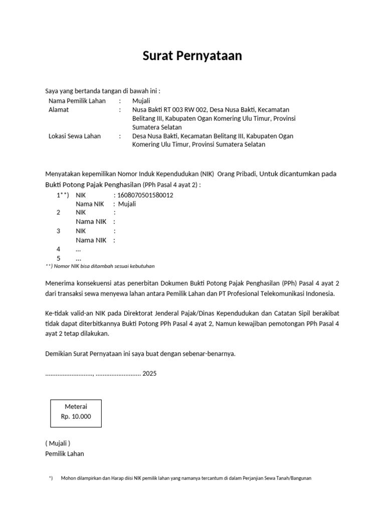 Surat Pernyataan NIK Nusa Bali Oku | PDF