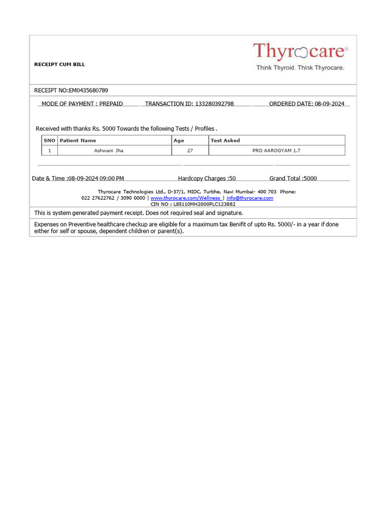 Payment Receipt - Thyrocare - Ashwani | PDF