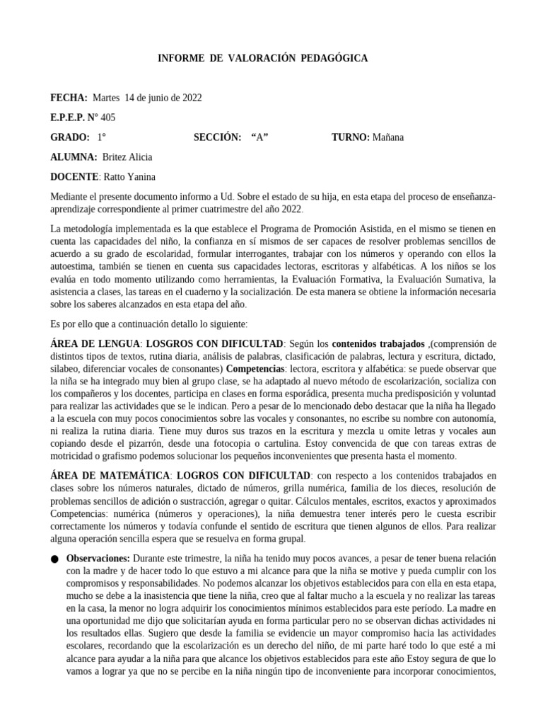 Informe de Valoración Pedagógica | PDF | Enseñando | Evaluación