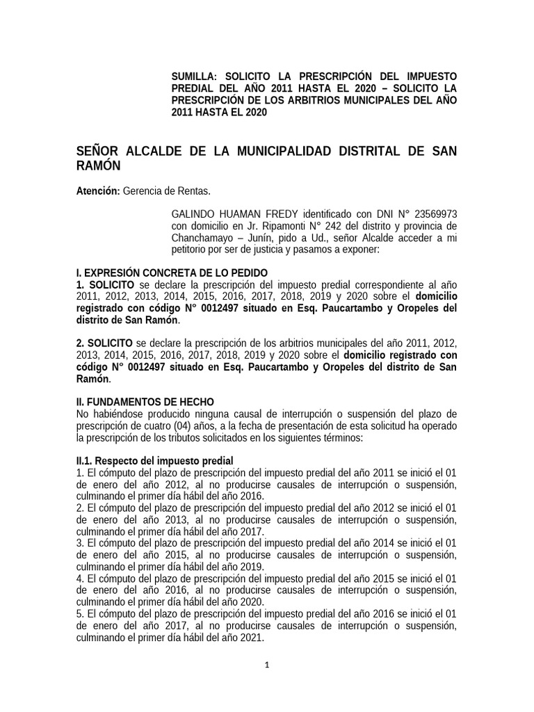 Modelo Solicitud Prescripcion Impuesto Predial Arbitrios LP | PDF | Ley Pública | Justicia