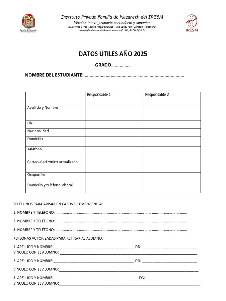 Datos Útiles Instituto Familia Nazareth | PDF