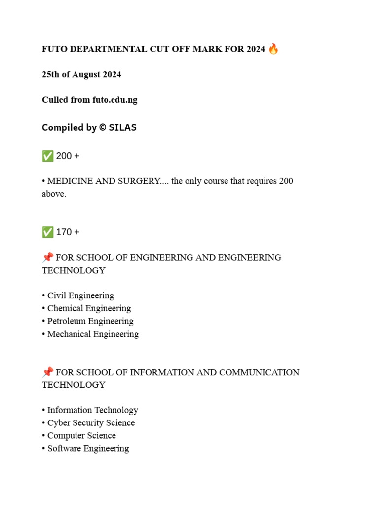 Silas - Futo Departmental Cut Off Mark For 2024 ? | PDF