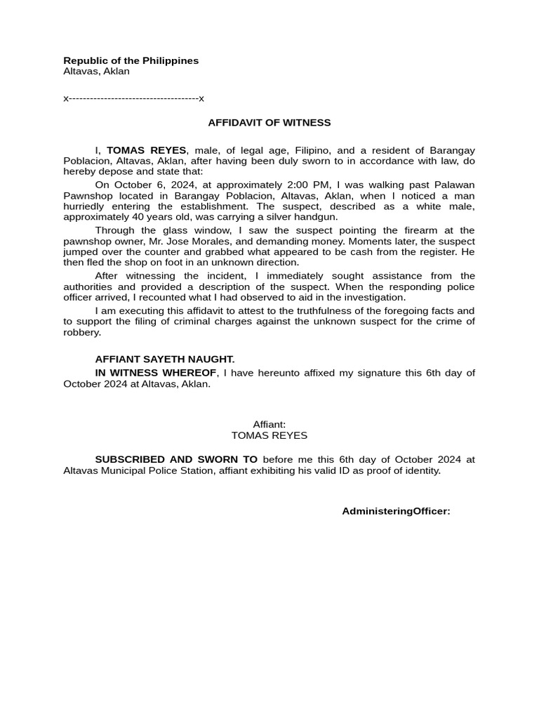 Blotter Report Robbery Affidavit of Witness 1 | PDF