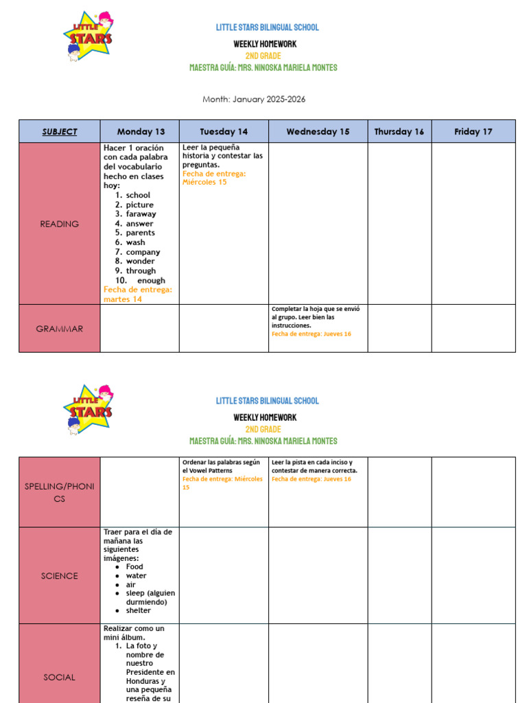 Cuadro de Tareas 2 Grado | PDF
