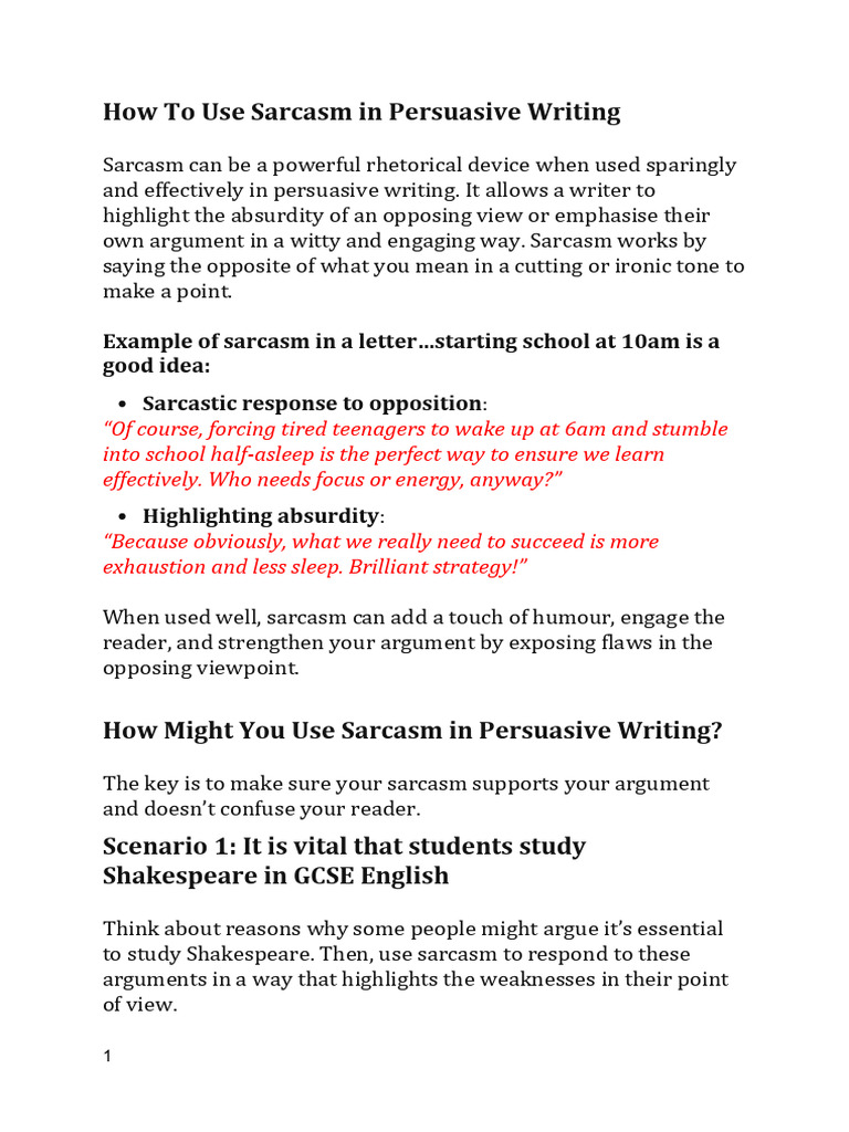 Persuasive Writing Workbook Sarcasm and Structure | PDF