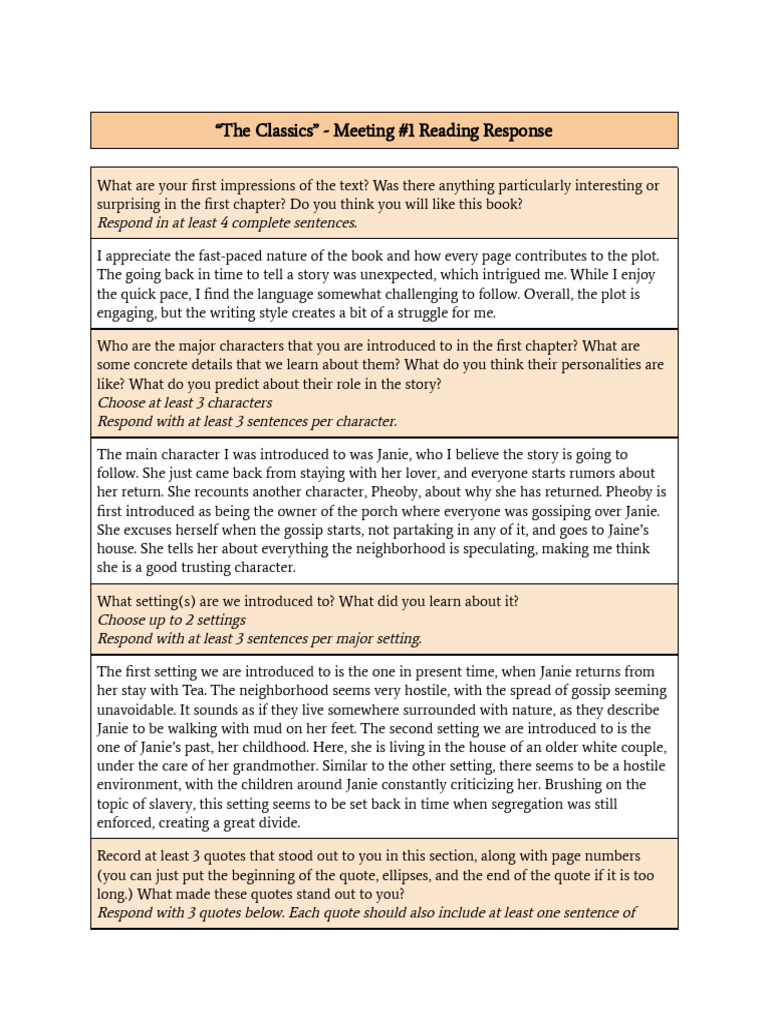 "The Classics" Meeting #1 Reading Response | PDF