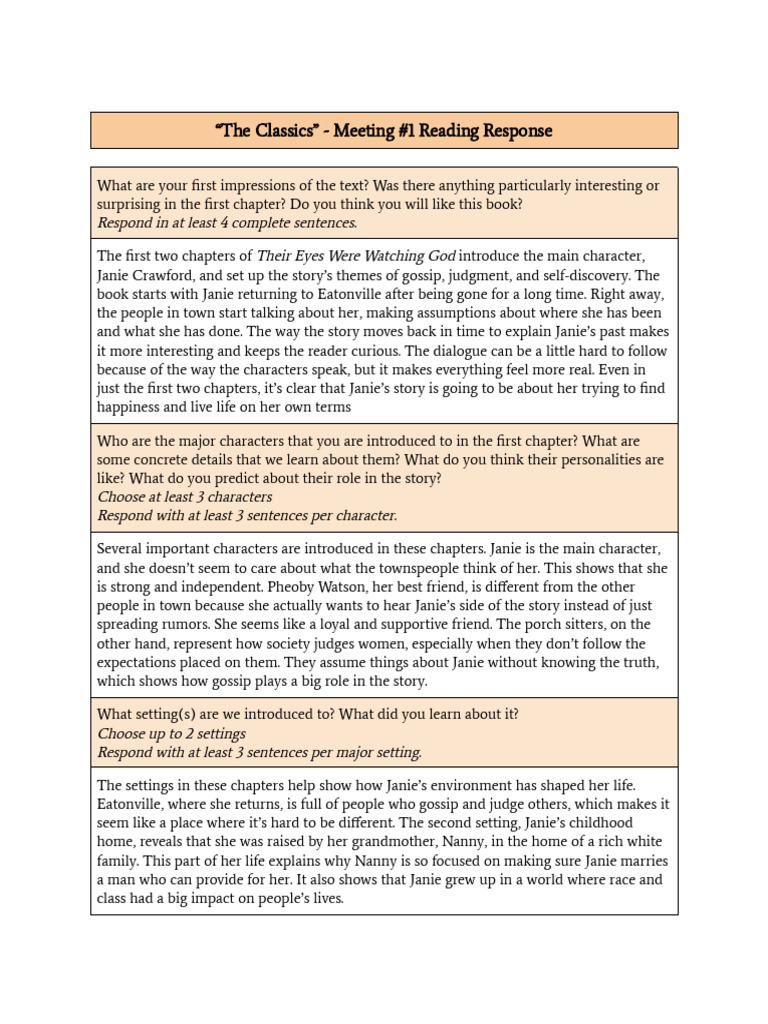 Adam - The Classics" Meeting #1 Reading Response | PDF