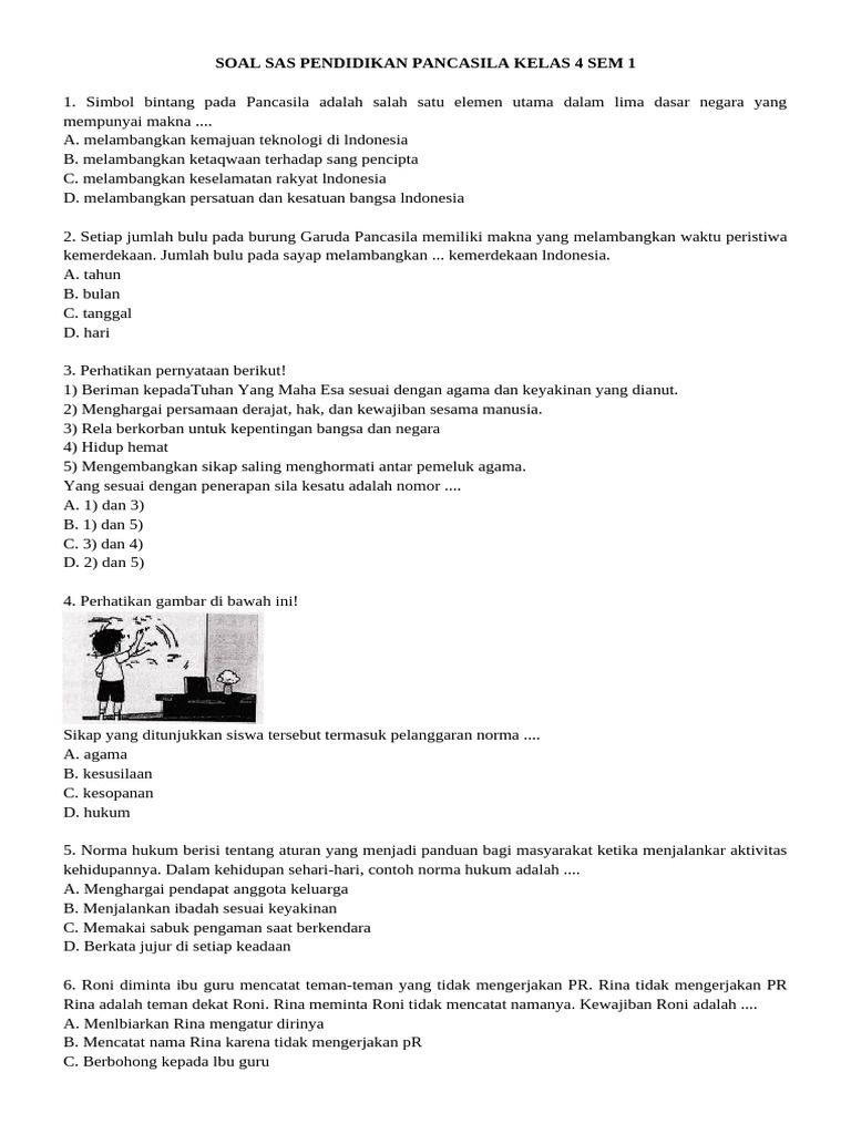 Soal Sas Pendidikan Pancasila Kelas 4 Sem 1 | PDF