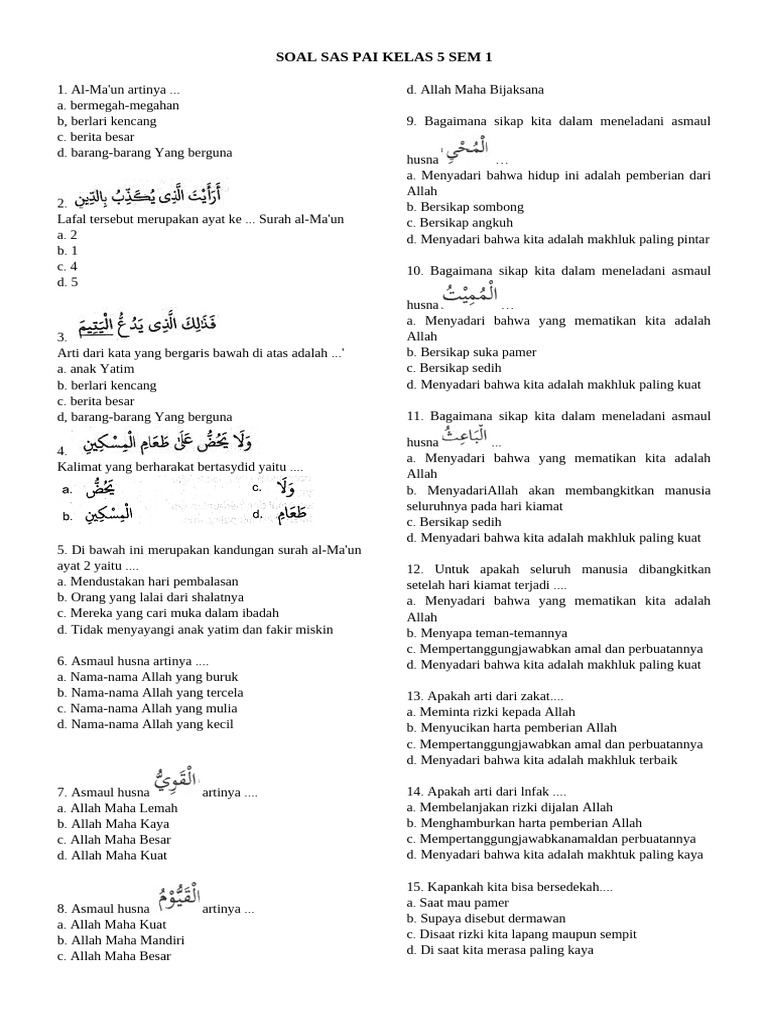 SOAL SAS PAI KELAS 5 SEM 1 | PDF