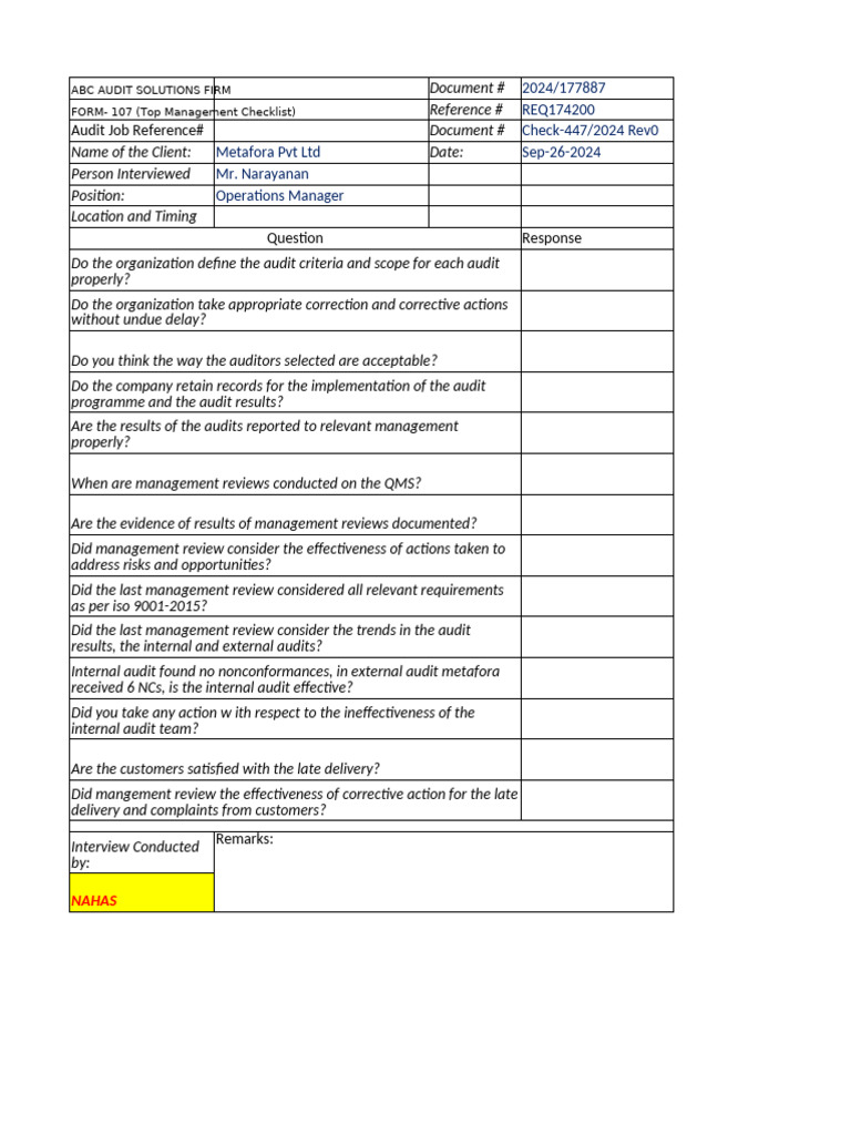 Checklist For Iso | PDF