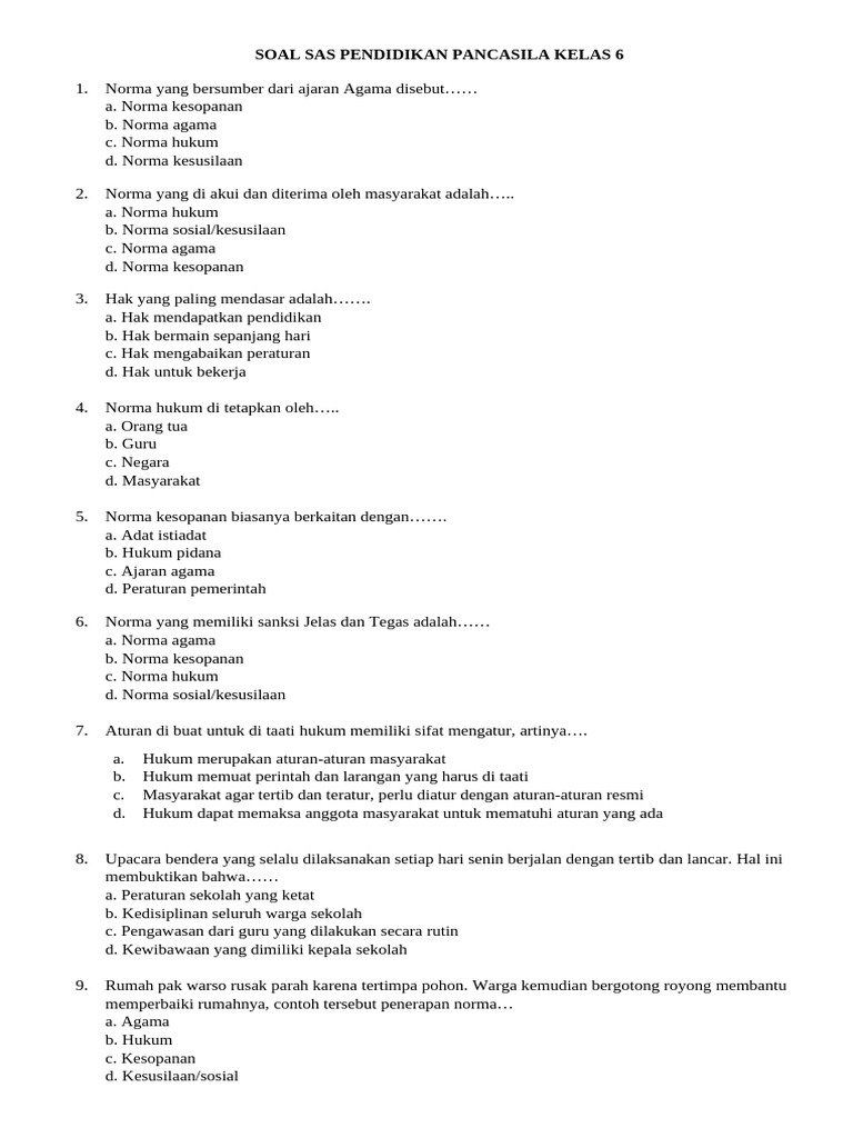 SOAL SAS PENDIDIKAN PANCASILA KELAS 6 SEM 1 | PDF