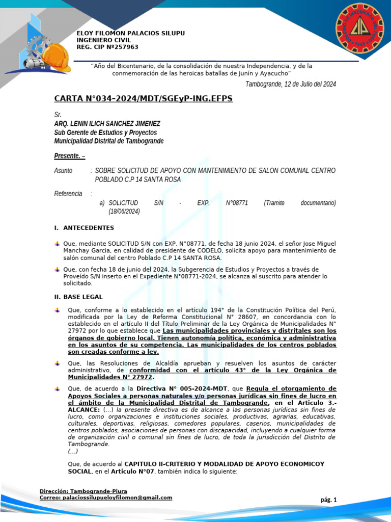 Carta #034-2024-Sobre Solicitud de Apoyo Mantenimiento de Salon Comunal CP14 Santa Rosa | PDF ...