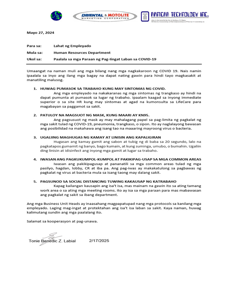 Paalala Sa Mga Paraan NG Pag-Iingat Laban Sa COVID-19 | PDF