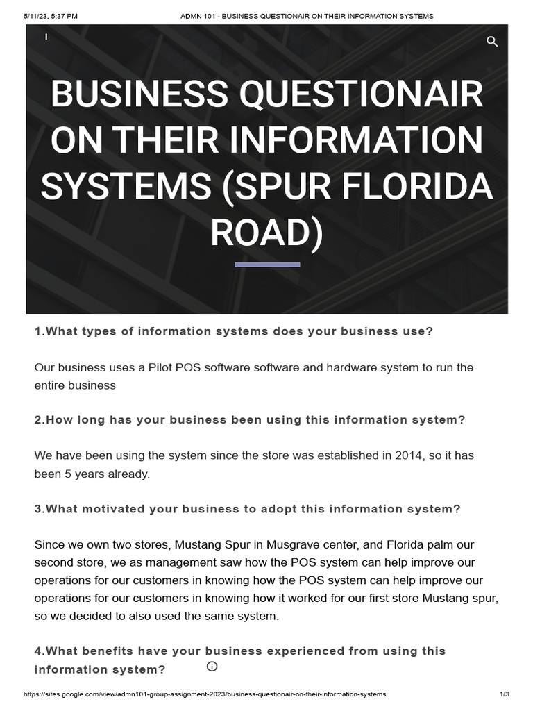 Admn 101 - Business Questionair On Their Information Systems | PDF ...