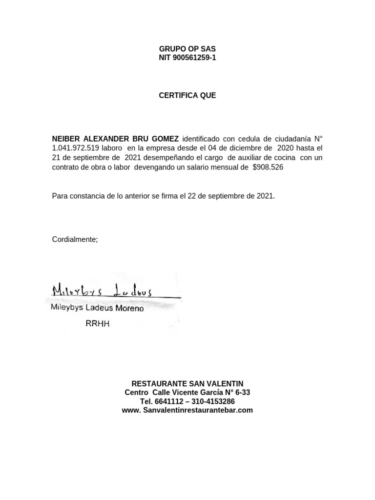 Certificación Laboral de Neiber Bru | PDF
