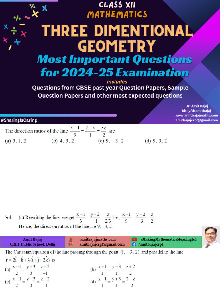 Class XII THREE DIMENTIONAL GEOMETRY Most Important Questions For 2023 ...