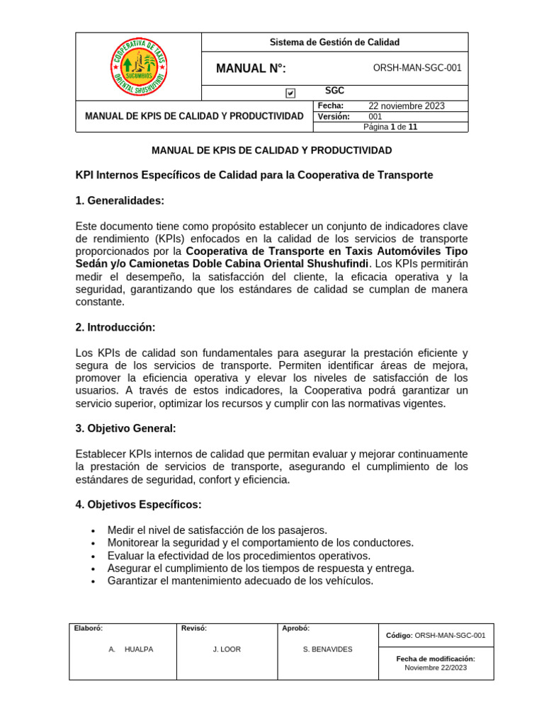 ORSH-MAN-SGC-001 Manual de KPIS de Calidad y Productividad | PDF ...