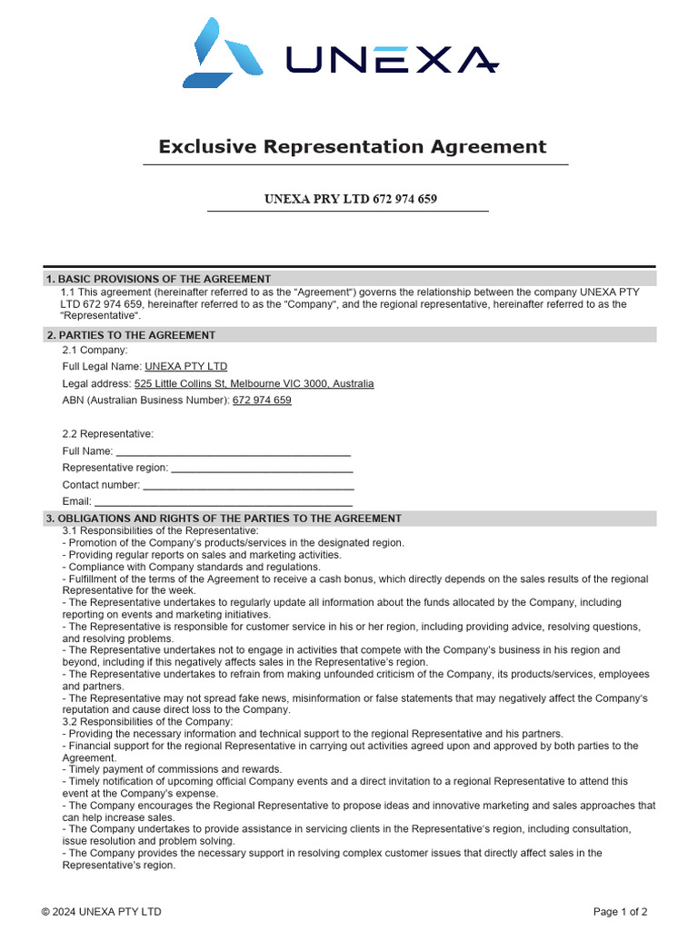 ExclusiveRepresentationAgreement (Sample) | PDF | Business | Common Law