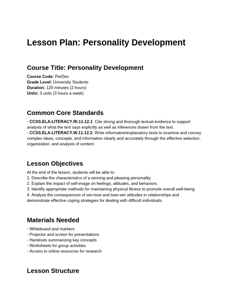 Personality Development Lesson Plan | PDF | Psychological Resilience ...