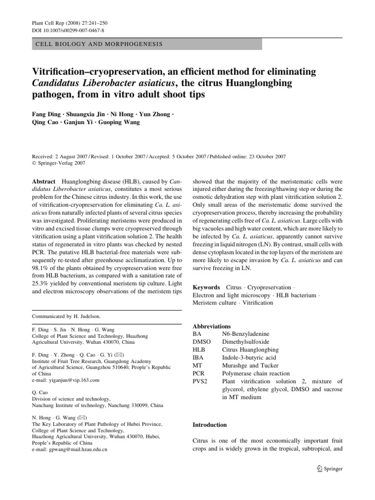 Cryopreservation Eliminates Citrus HLB Pathogen | PDF | Biology
