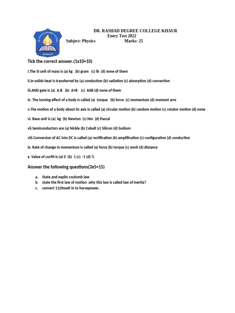 Entry Test Physics | PDF