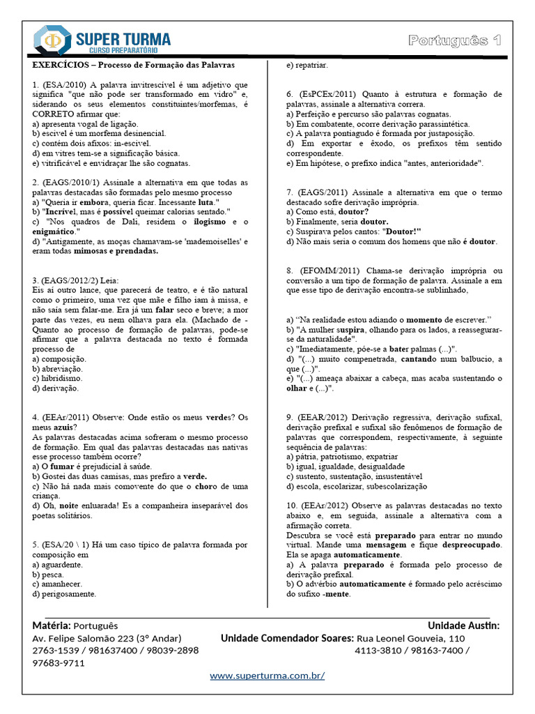 Exercícios Proc Form Palavras | PDF | Morfologia | Mecânica da linguagem