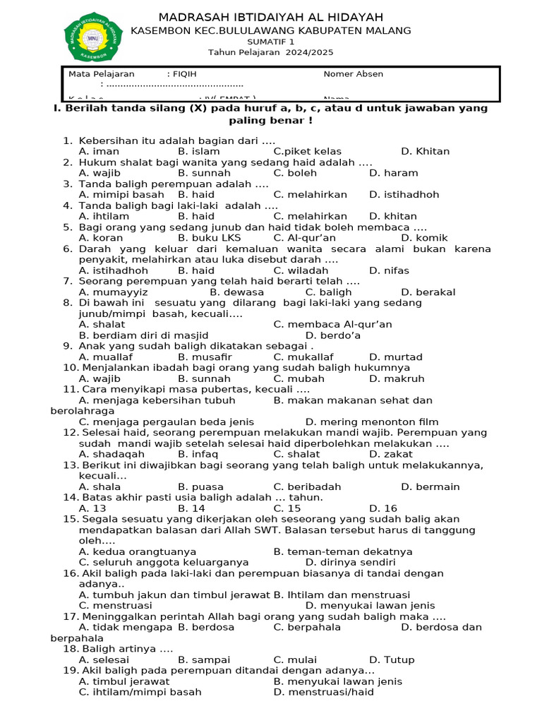 Soal Fiqih Kelas 4: Tanda Baligh | PDF