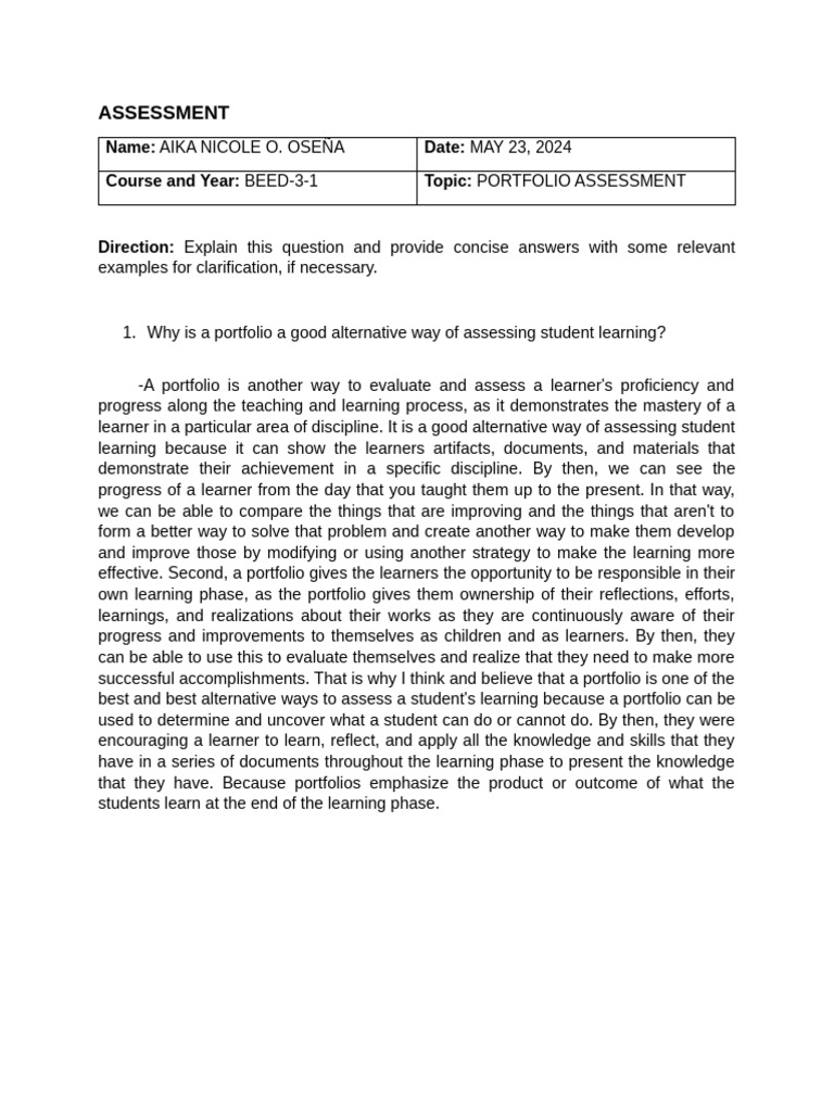 Benefits of Portfolio Assessment in Education | PDF