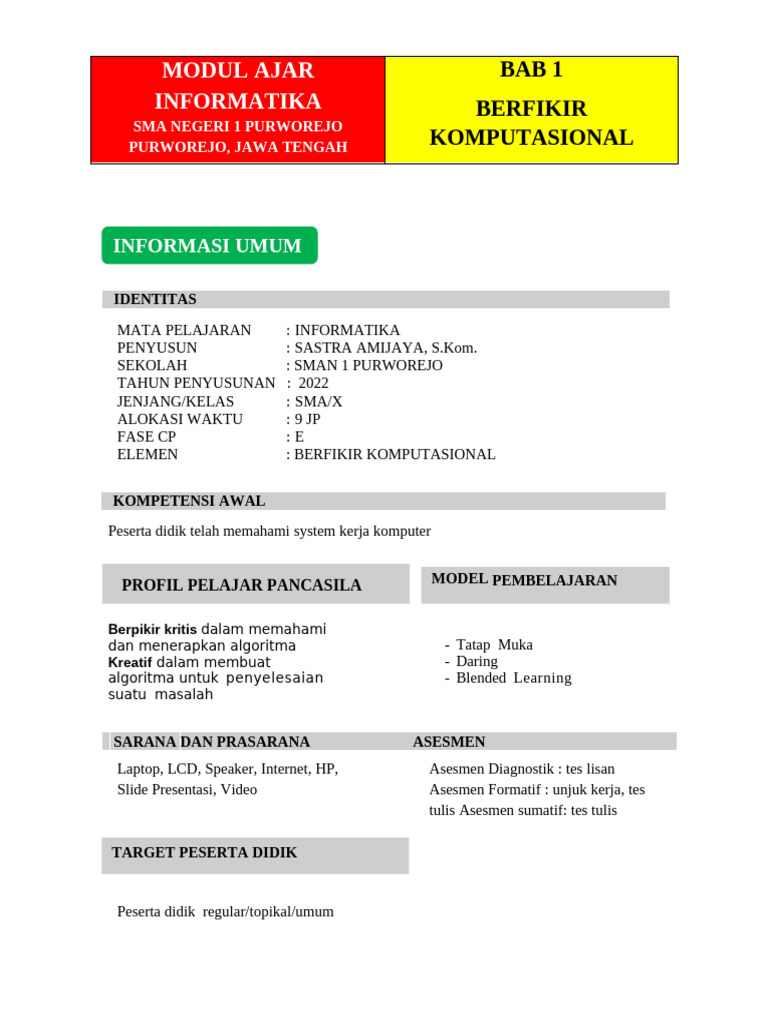 Modul Ajar Informatika Berpikir Komputasional 7 | PDF